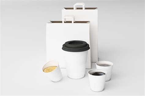 흰색 배경에 흰색 종이 쇼핑 백과 커피 컵세트 3d 렌더링 0명에 대한 스톡 사진 및 기타 이미지 0명 3차원 형태 가방 Istock