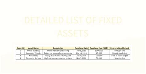 Fixed Assets List Table Data Excel Template And Google Sheets File For Free Download Slidesdocs