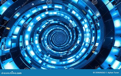 Circular Spiral Architecture With Blue Metallic Tones Illuminated Interior Curved Lines