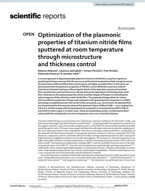 Pdf Optimization Of The Plasmonic Properties Of Titanium Nitride Films Sputtered At Room