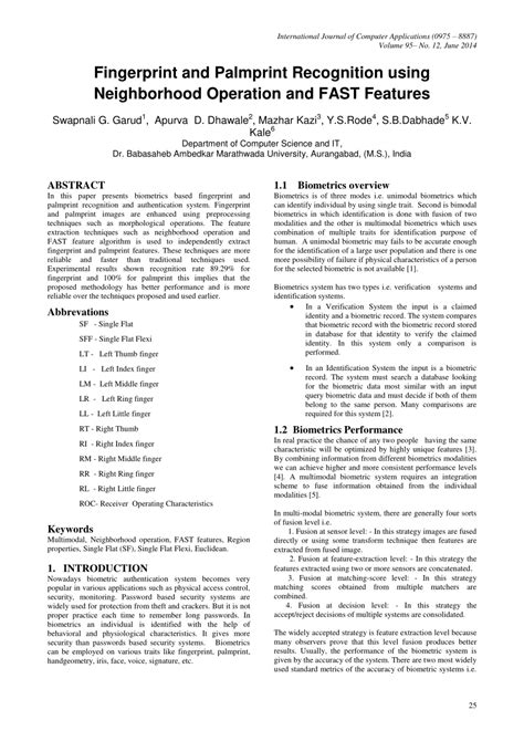 PDF Fingerprint And Palmprint Recognition Using Neighborhood