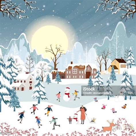 크리스마스 밤에 겨울 장면 풍경 벡터 배너 귀여운 겨울 원더랜드 행복한 아이들이 공원에서 썰매를 타고 아이스 스케이트를 타고 메리 크리스마스 2023년 새해 배경 겨울에