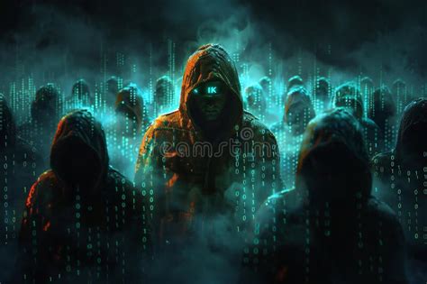 Digital Image Of Hacker In A Hood Is Surrounded By Binary Code And A