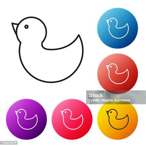 흰색 배경에 격리 된 검은 선 고무 오리 아이콘입니다 아이콘 다채로운 원 버튼을 설정합니다 벡터 일러스트레이션 귀여운에 대한
