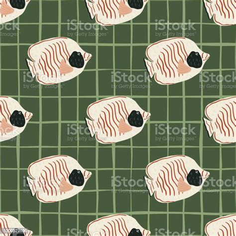 낙서 나비 물고기 프린트와 창조적 인 원활한 수중 패턴 체크가 있는 녹색 올리브 배경 그리기에 대한 스톡 벡터 아트 및 기타