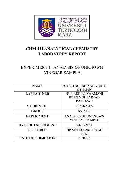 LAB Report CHM421 EXP1 CHM 421 ANALYTICAL CHEMISTRY LABORATORY REPORT