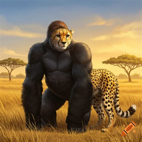 A Powerful Gorilla Cheetah Hybrid Creature Stands In A Golden Savanna