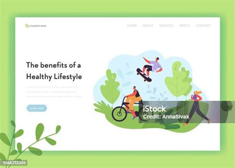 건강 한 라이프 스타일 방문 페이지 템플릿입니다 자전거 및 실행 여자 웹 페이지 모바일 웹사이트에 대 한 공원에서 활성 문자 여자 벡터 일러스트 레이 션 자연에 대한 스톡