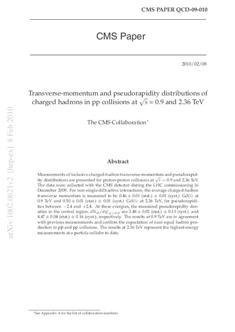 Pdf Transverse Momentum And Pseudorapidity Distributions Of Charged Hadrons In Pp Collisions