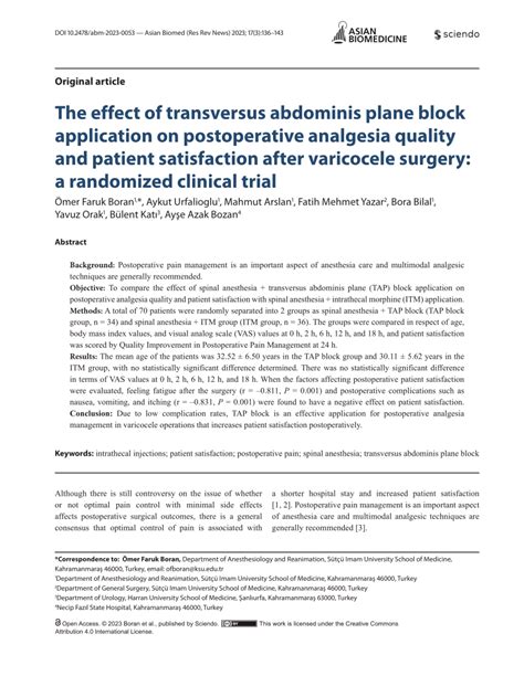 Pdf The Effect Of Transversus Abdominis Plane Block Application On Postoperative Analgesia
