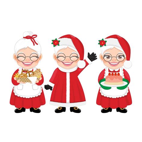 Set Of Mrs Claus Vector Isolated On White Background Cute Santa Wife