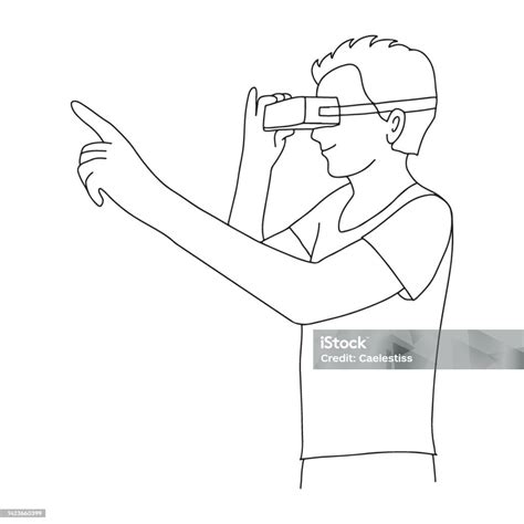 벡터 일러스트 레이 션 Virtaul 현실 안경을 들고있는 남자 Vr 기술 디지털 증강 현실에서 남성 캐릭터의 흑백 그리기 메타버스 미니멀리스트 간단한 개념 가상현실에 대한