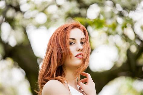 Sensual Redhead Woman Outdoor Photo Stock Image Image Of Beauty Green