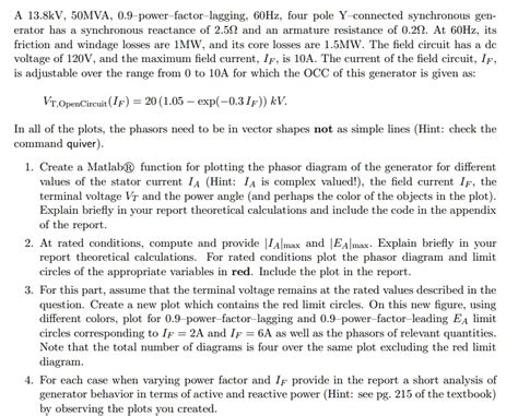 A 138kv 50mva 09 Power Factor Lagging 60hz Four Pole Y Connected Synchronous Gen Erator Has A