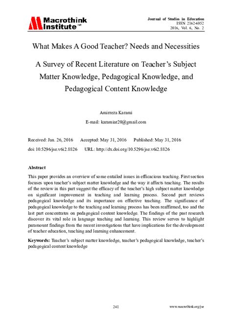 Pdf A Survey Of Recent Literature On Teachers Subject Matter