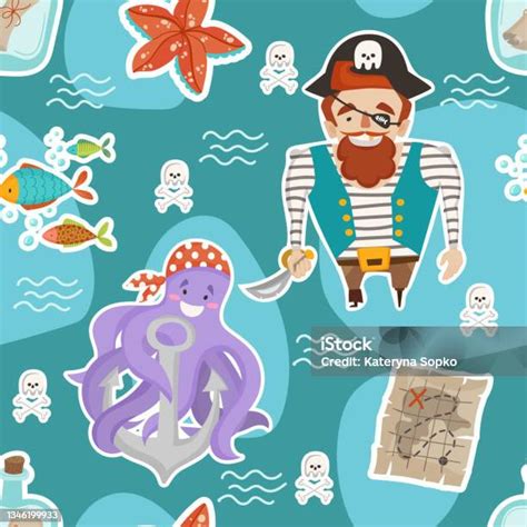 만화 해적 문어 불가사리 와 보물지도와 원활한 패턴 남모 테마 직물 벽지 및 포장지에 인쇄하기위한 벡터 그림입니다 갈색에 대한 스톡 벡터 아트 및 기타 이미지 Istock