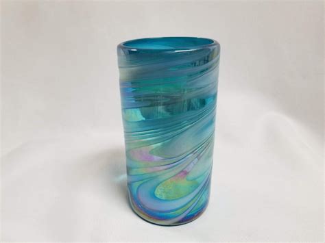 Hand Blown Water Glass Turquoisewhite Swirl Iridescent Blue Dorado Design