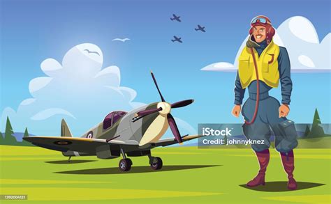 British Pilot And Spitfire Fighter Plane On Field World War Ii Stock