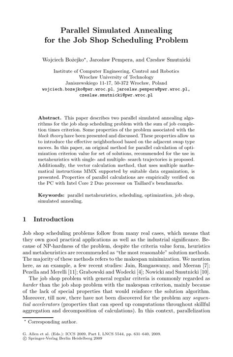 Pdf Parallel Simulated Annealing For The Job Shop Scheduling Problem