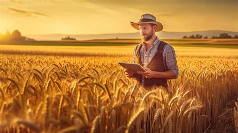 Premium Ai Image Farmer Estimating Wheat Production