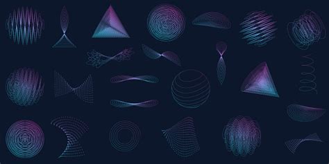 추상선 기하학적 모양 세트입니다 미래 지향적 인 그래픽 요소 복고풍 미래주의 컬렉션 원 삼각형 3d 추상 점선 모양의 현대 미술 디자인 벡터 그림입니다 원형에 대한 스톡