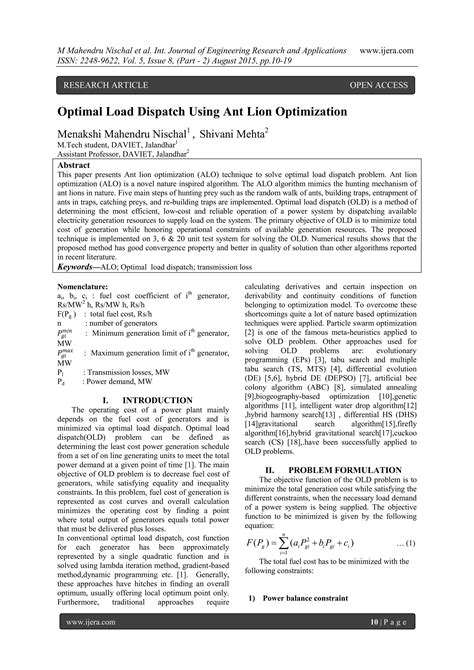 Optimal Load Dispatch Using Ant Lion Optimization Pdf Computer
