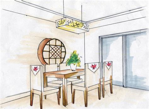 中式餐厅手绘效果图 别墅设计图