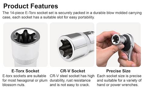 Female E Torx Socket Set Cr V Steel 14 Piece External Torque E4 E24 Star Socket