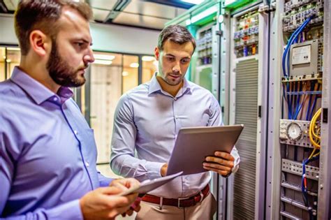 computer center men and data engineer with checklist hardware and