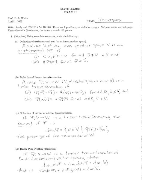Solutions To Linear Algebra Exam 2 Definitions And Problems Math 41021 Docsity