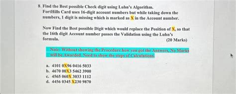 Solved 8 Find The Best Possible Check Digit Using Luhns