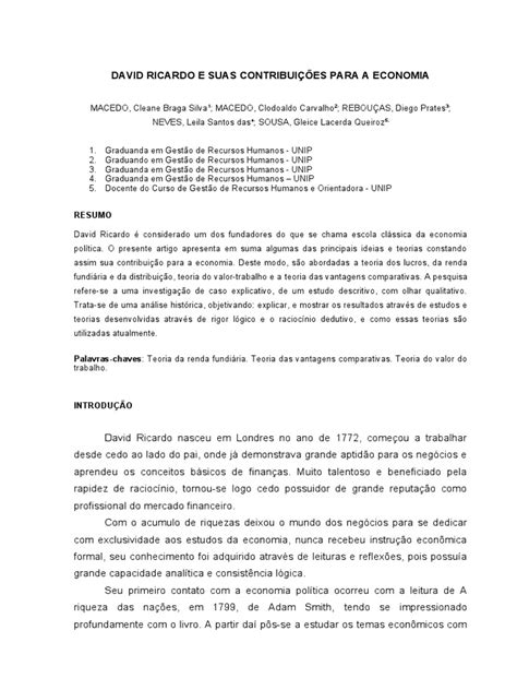David Ricardo Formatado Pdf Economia Comércio Internacional