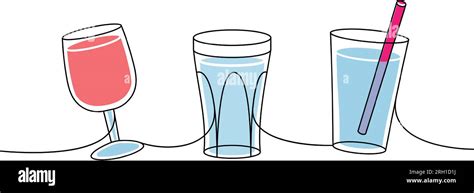 Set Of Glass Cups One Line Colored Continuous Drawing Empty Glass Cups Continuous One Line
