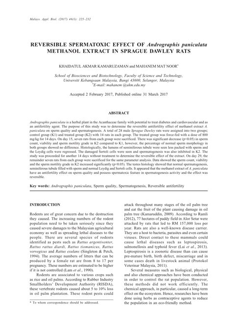 Pdf Reversible Spermatoxic Effect Of Andrographis Paniculata Methanol Extract In Sprague