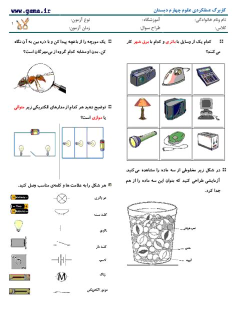 کاربرگ عملکردی علوم چهارم دبستان الکتریسته، مخلوط ها گاما