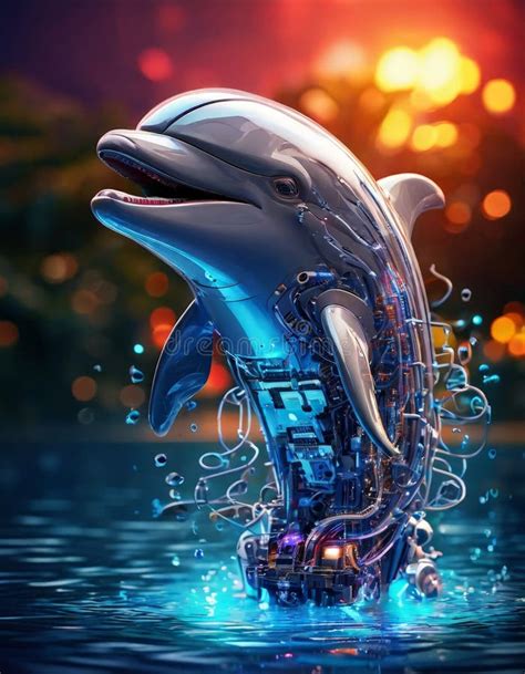 Futuristic Robotic Dolphin Emerging From Water At Sunset Stock Illustration Illustration Of