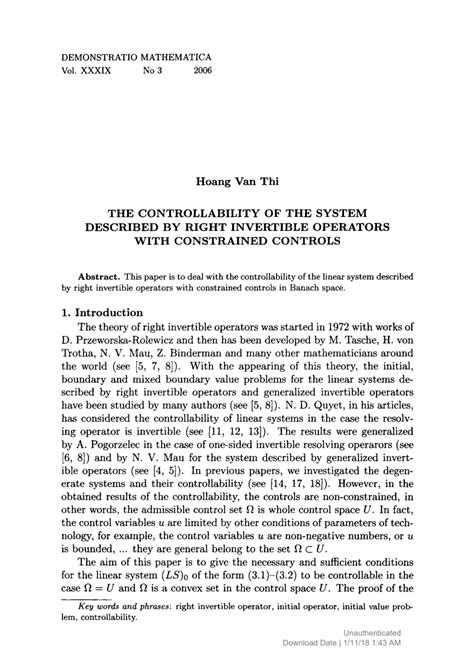 Pdf The Controllability Of The System Described By Right Invertible