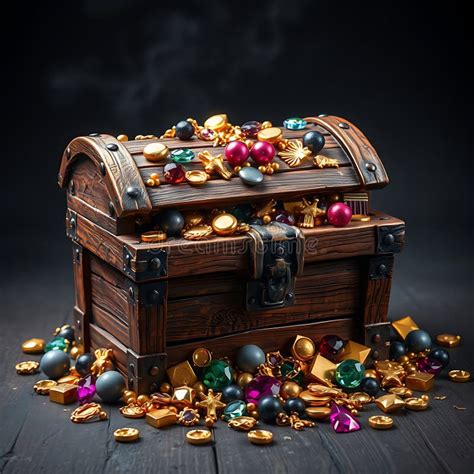 A Rustic Wooden Treasure Chest Overflowing With Gold And Jewels Stock