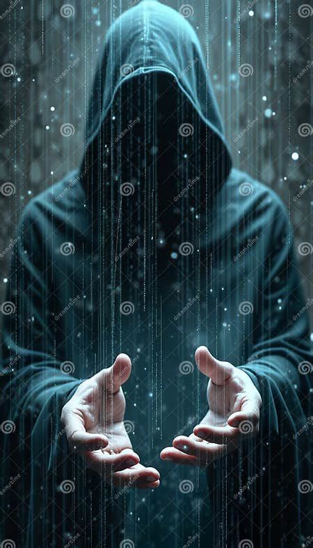 Hacker Wearing Hood Reaching Out To Falling Binary Code Stock Image