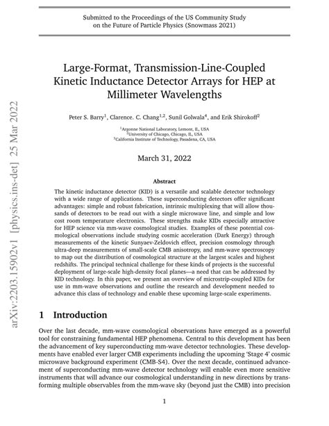 Pdf Large Format Transmission Line Coupled Kinetic Inductance Detector Arrays For Hep At