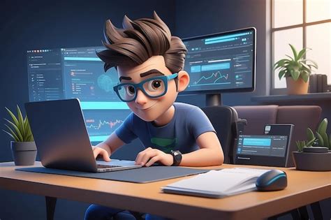Cartoon 3d Character Developer Working On Laptop Web App Development And Frontend Deployment