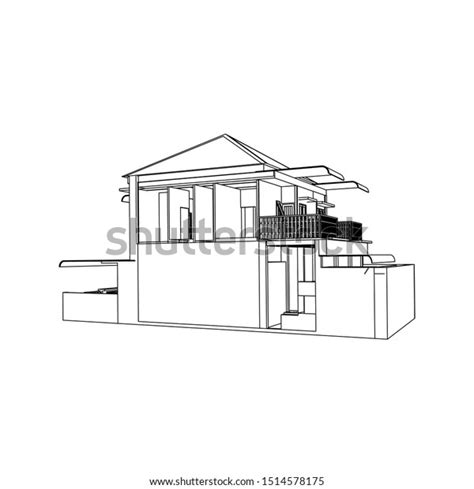 Blueprint Wireframe Style Modern Architecture Exterior Stock Vector