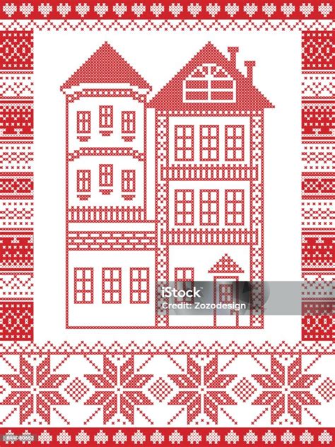 겨울에 북유럽 스타일과 크로스 스티치 키 큰 진저 하우스 타워 눈송이 완벽 한 장식 등에서 스 칸디 나 비아 크리스마스 패턴