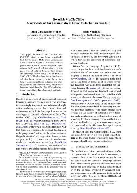Pdf Swedish Muclaged A New Dataset For Grammatical Error Detection