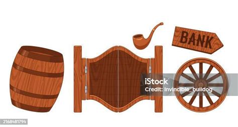 와일드 웨스트 아이템 컬렉션 배럴 술집 문 파이프 은행 간판 및 바퀴 만화 벡터 일러스트 레이 션 연기 물리적 구조에 대한 스톡