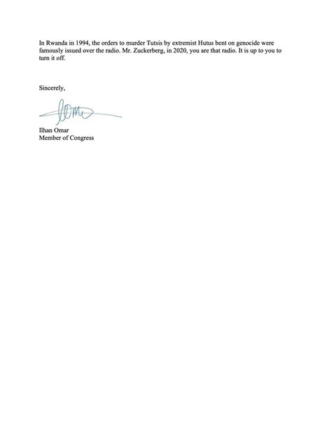 U S Rep Ilhan Omar Sent Letter Condemning Facebooks Role In Ongoing