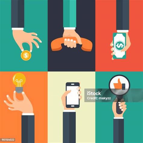 다양 한 개체와 손 아이콘입니다 평면 벡터 일러스트 레이 션 개념에 대한 스톡 벡터 아트 및 기타 이미지 개념 개념과 주제 금융 Istock