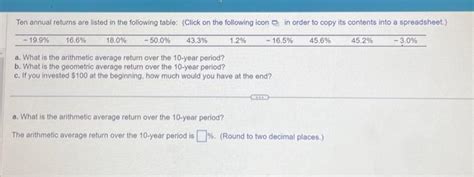Solved A What Is The Arithmetic Average Retum Over The 10