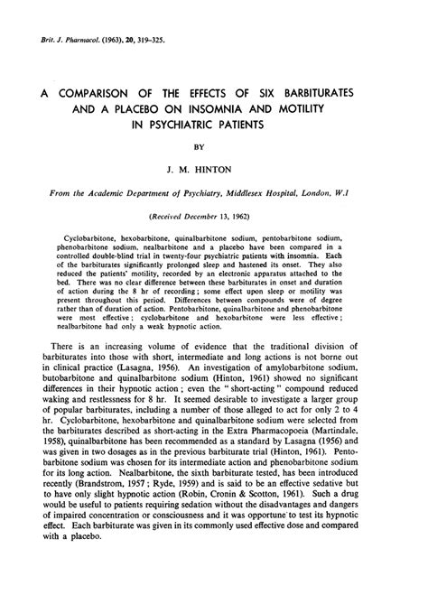 A Comparison Of The Effects Of Six Barbiturates And A Placebo On