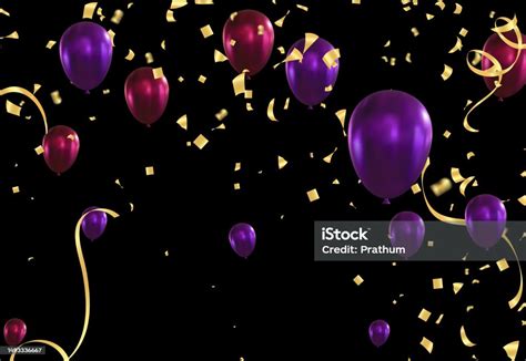 보라색 풍선과 황금색 색종이가 검은 배경에 있다 벡터 그림입니다 3차원 형태에 대한 스톡 벡터 아트 및 기타 이미지 3차원 형태 개념 개념과 주제 Istock